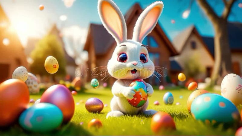 A Cute and Cheerful Easter Bunny Sits on a Green Lawn Surrounded by ...