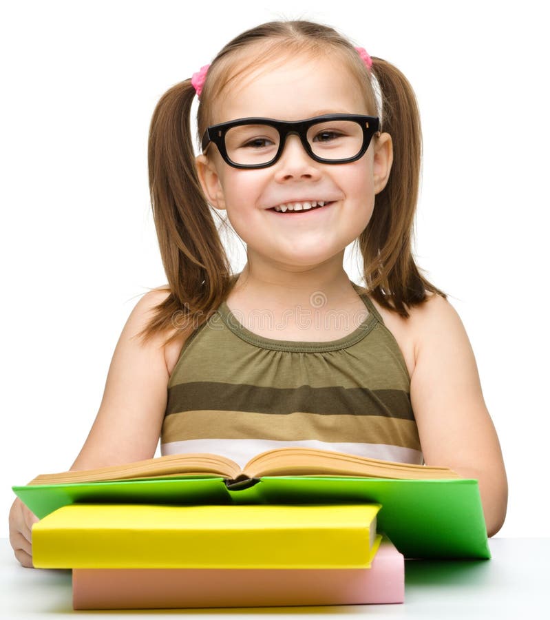 Cute Cheerful Little Girl Reading Book Stock Image - Image of caucasian ...