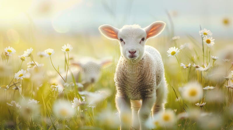 A Cute Cheerful Little Lamb Having Fun in the Summer Daisy Field Stock ...