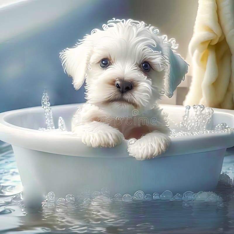 Cute Cheerful Puppy Looking Like a Toy Bathes in a Bowl of Foam Stock ... Cute Cheerful Puppy Looking Like a Toy Bathes in a Bowl of Foam Stock ...