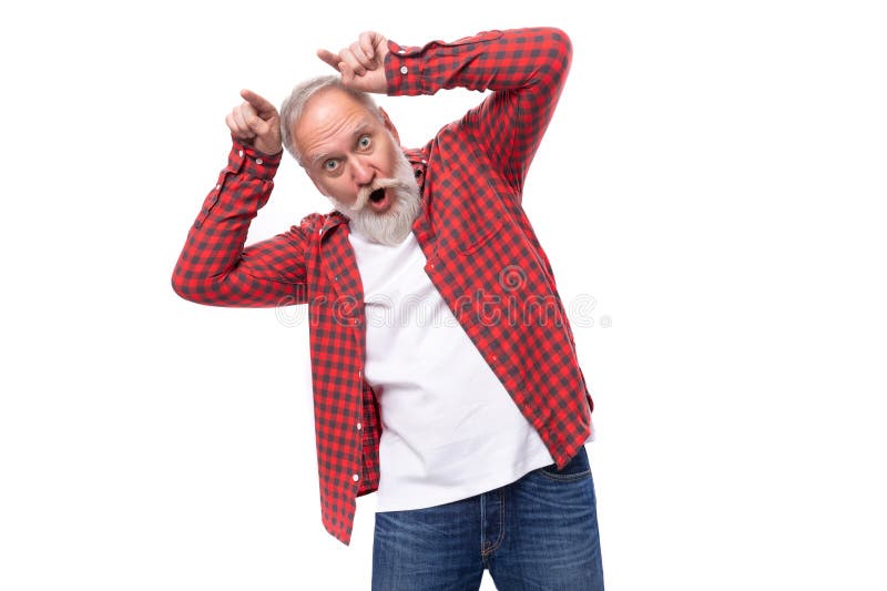 Cute Cheerful 60s Elderly Man with a Gray Beard with a Grimace Stock ...
