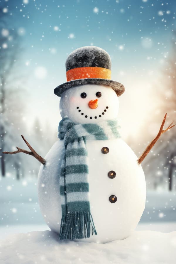A Cute and Cheerful Snowman with a Carrot Nose Stock Photo - Image of ...