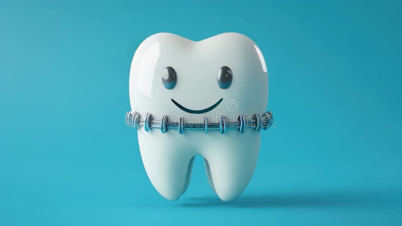 A Cute and Cheerful Tooth Character with Braces, Set Against a Bright ...
