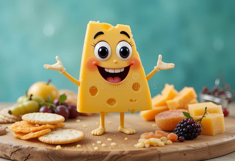 Cute Cheese Character on a Wooden Board with Crackers and Fruit Stock ...