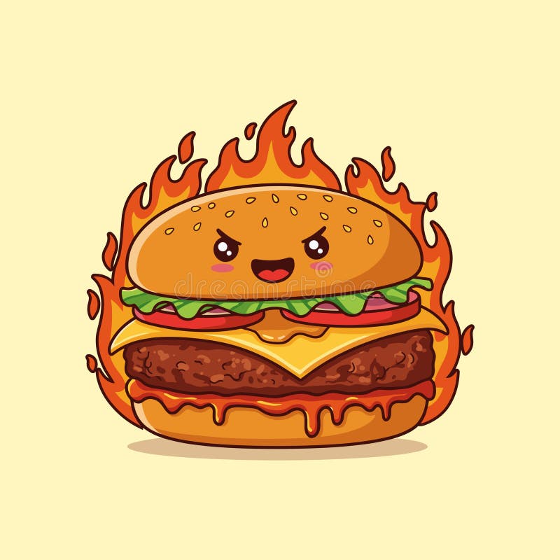 Cute Cheeseburger Cartoon with Fire Flames Vector Illustration Stock ...