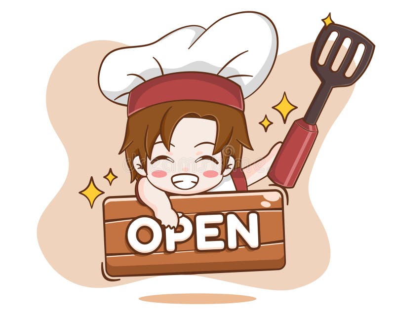 Cute Chef Boy with an Open Sign Board Cartoon Illustration Stock Vector ...
