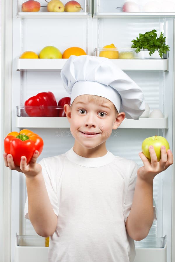 Cute Chef Near the Open Refrigerator Stock Image - Image of fruit ...