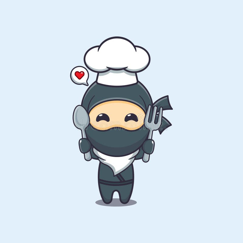Cute Chef Ninja Holding Spoon and Fork Cartoon Vector Illustration ...