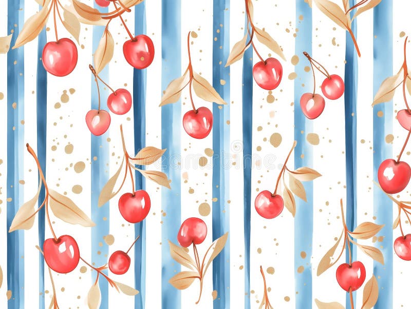 Cute Cherries Dance on a Blue Striped and Dotted Watercolor Backdrop ...