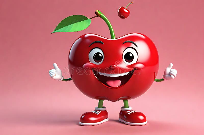 A Cute Cherry As a 3D Rendered Character Smiling Over Solid Color ...