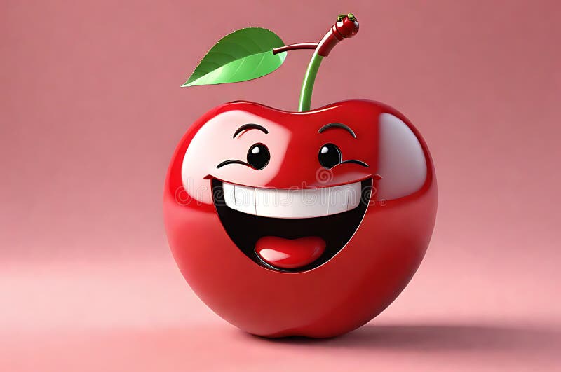 A Cute Cherry As a 3D Rendered Character Smiling Over Solid Color ...