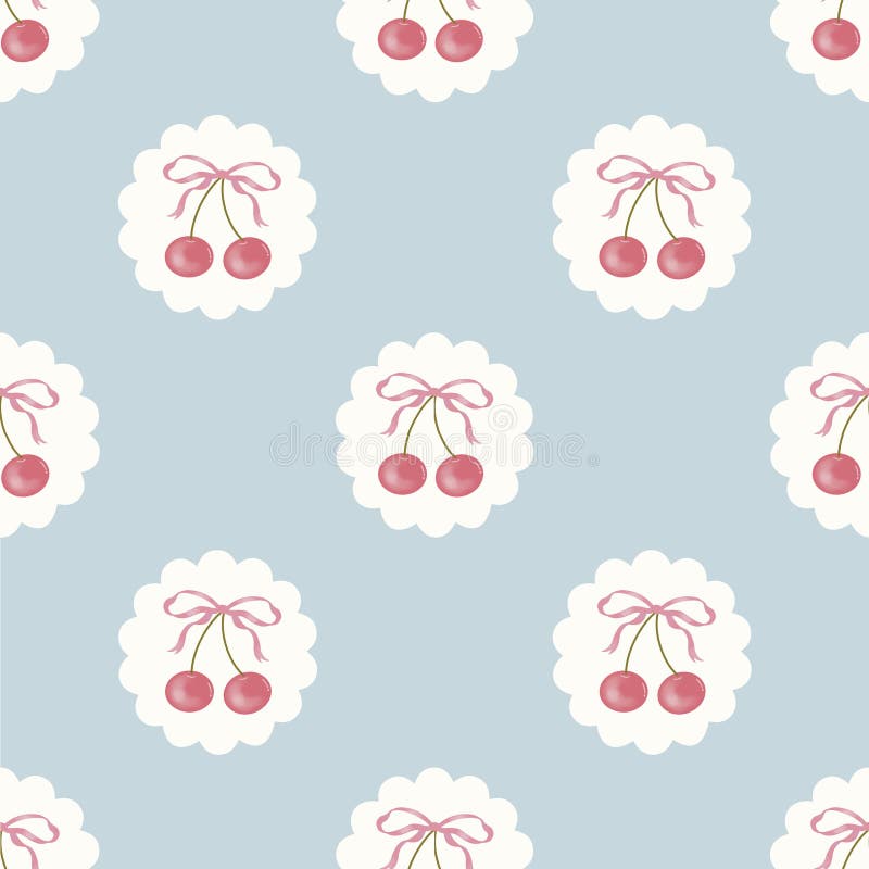 Cute Cherry and Bow on Frame Pattern on Blue Background Stock ...