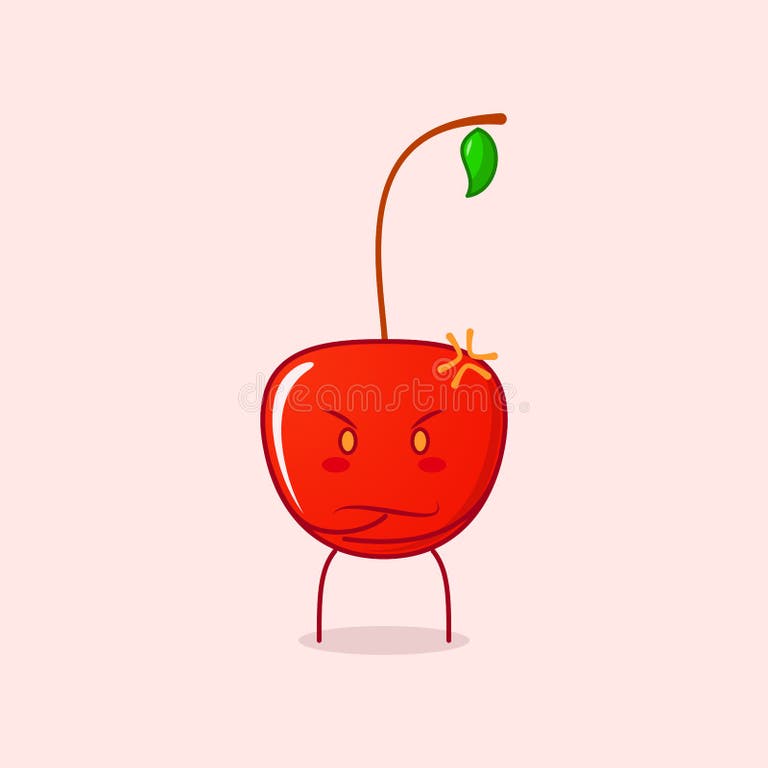 Cute Cherry Cartoon Character with Angry Expression. One Hand on Chin ...