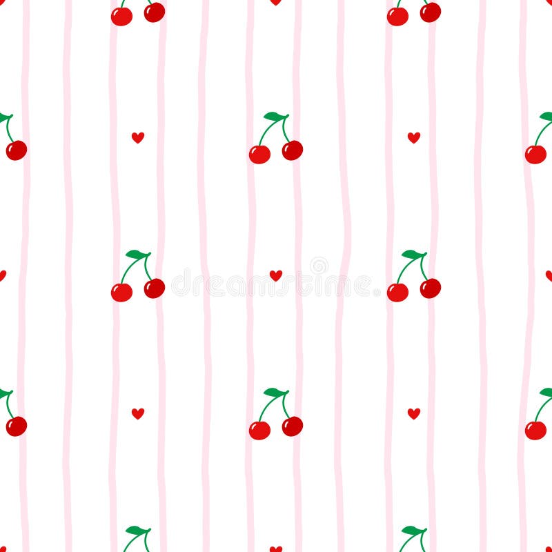 Cute Red Cherry Seamless Pattern in Doodle Style. Vector Hand Drawn ...