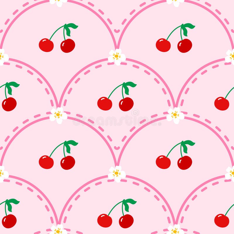 Cute Red Cherry Seamless Pattern in Doodle Style. Vector Hand Drawn ...