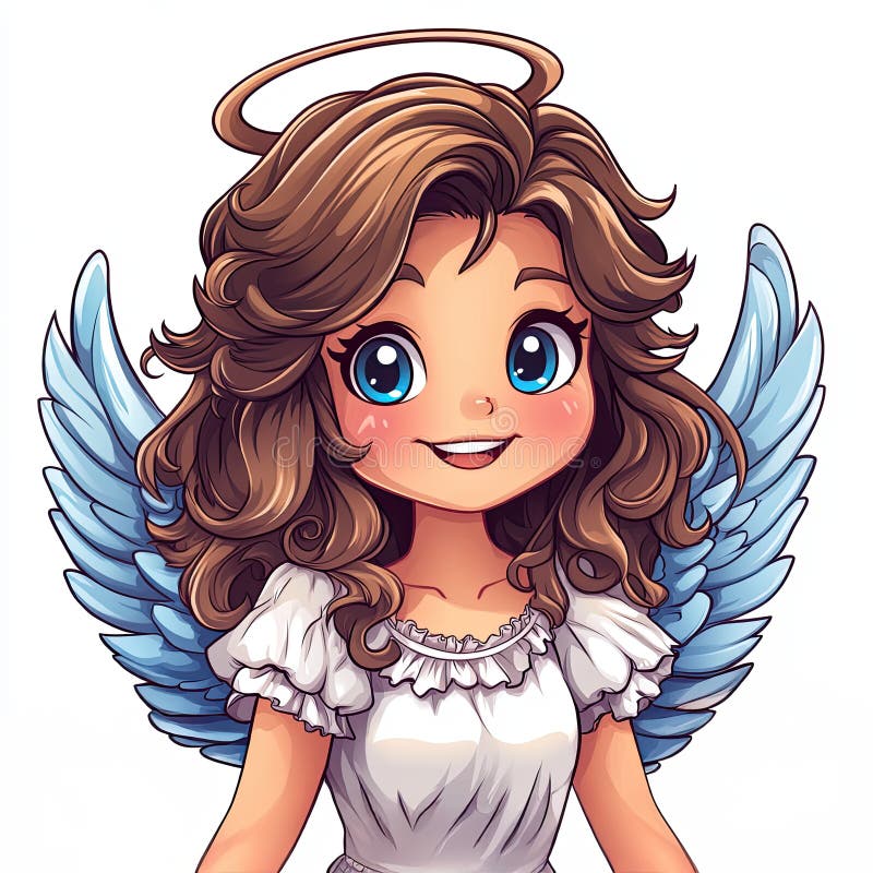Cute Chibi Angel with Blue Wings and Halo, Smiling Joyfully Stock ...