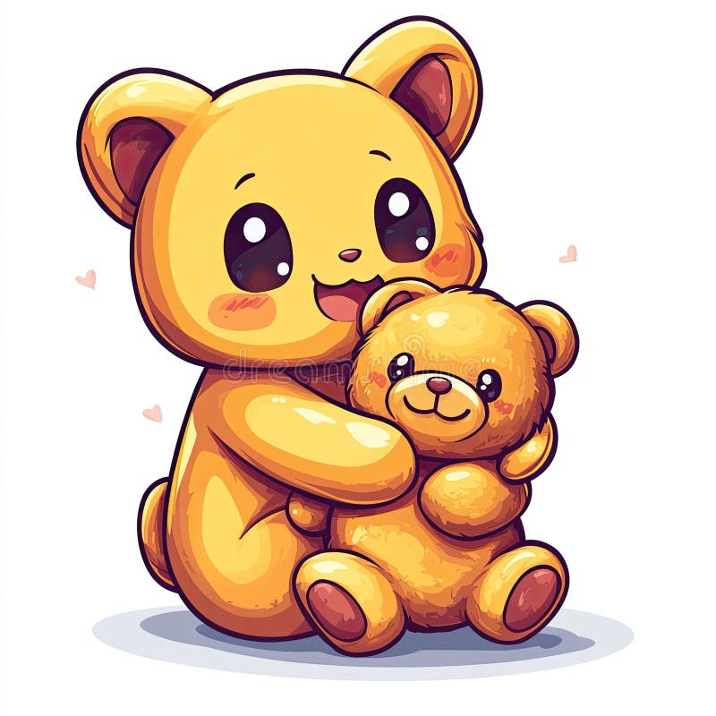 Cute Chibi Bear Hugging Small Teddy Bear, Expressing Joy and Love Stock ...