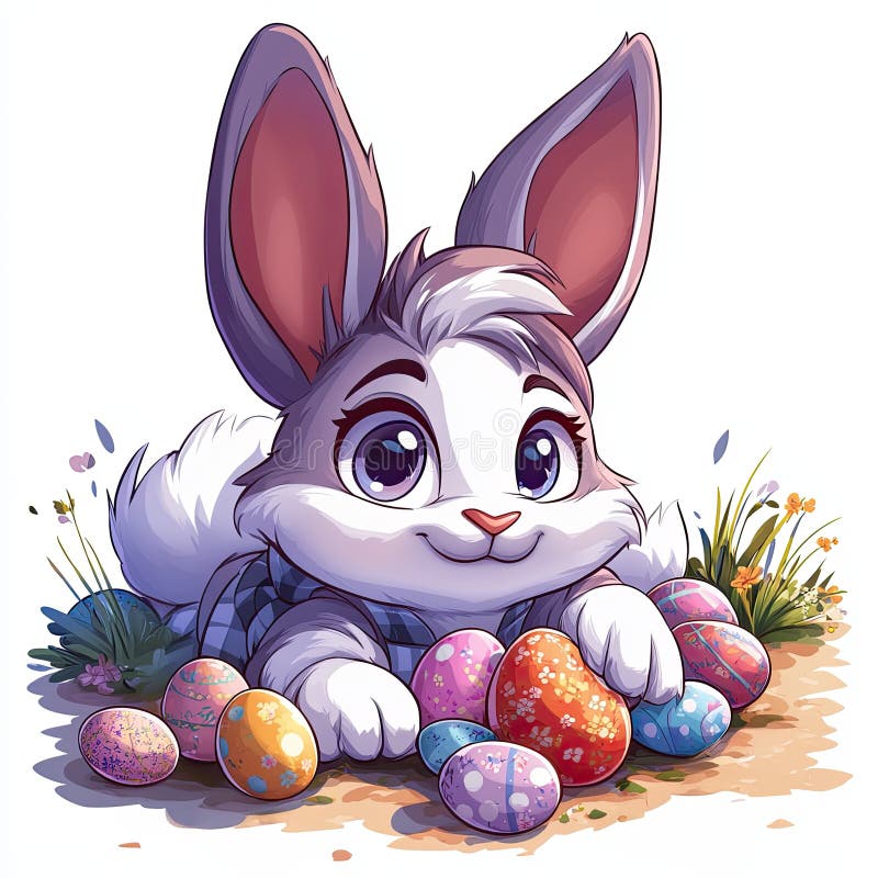Cute Chibi Bunny Lying on Ground Surrounded by Colorful Easter Eggs ...