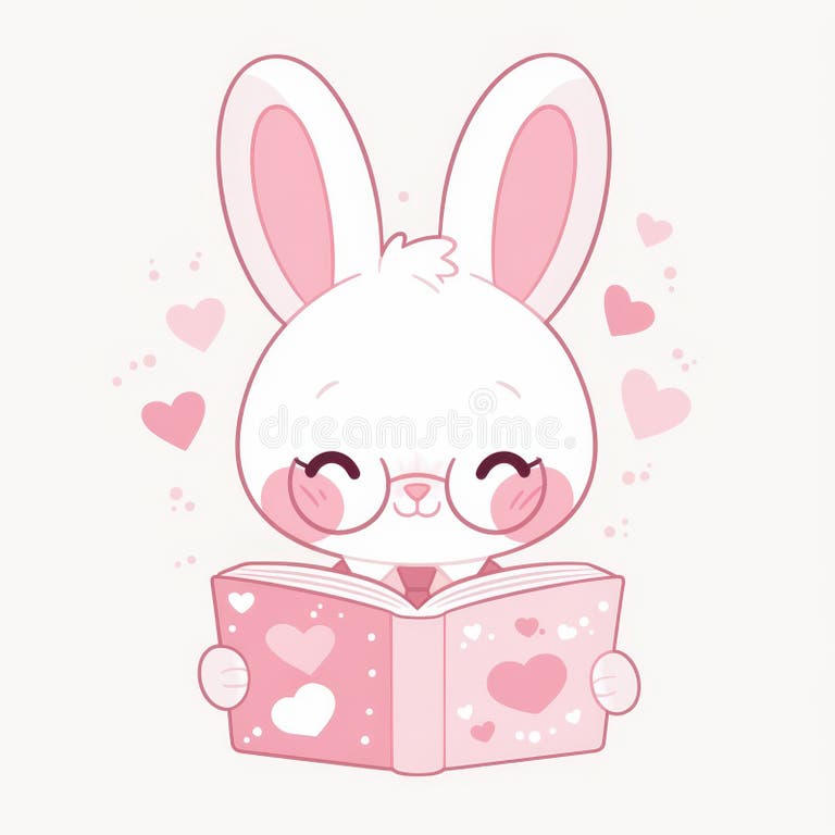 Cute Chibi Bunny Reading Book with Hearts Around it Stock Illustration ...