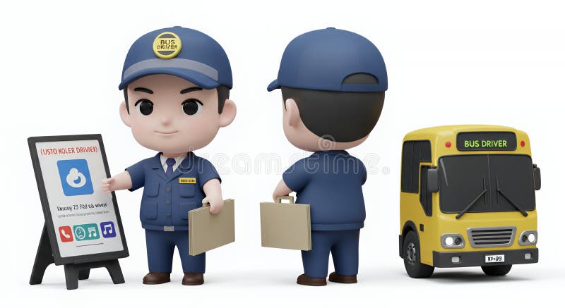 Cute Chibi Bus Driver Character 3D Render with Yellow School Bus Stock ...