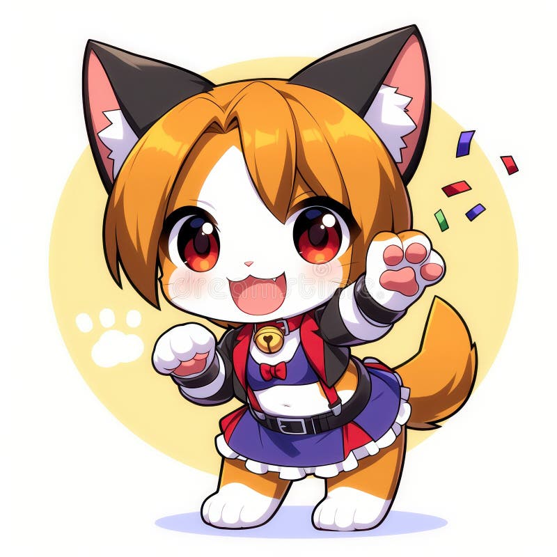 Cute Chibi Cat Character Joyfully Throwing Confetti in Air Stock ...