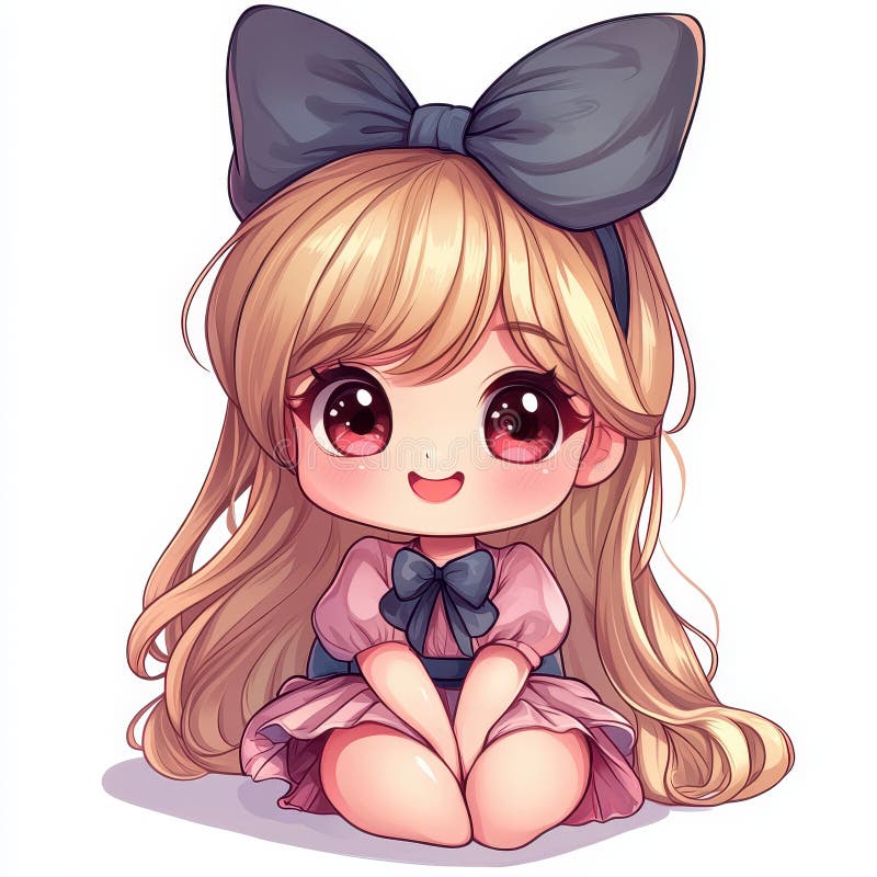 Cute Chibi Character with Big Eyes and Bow, Sitting Happily Stock ...