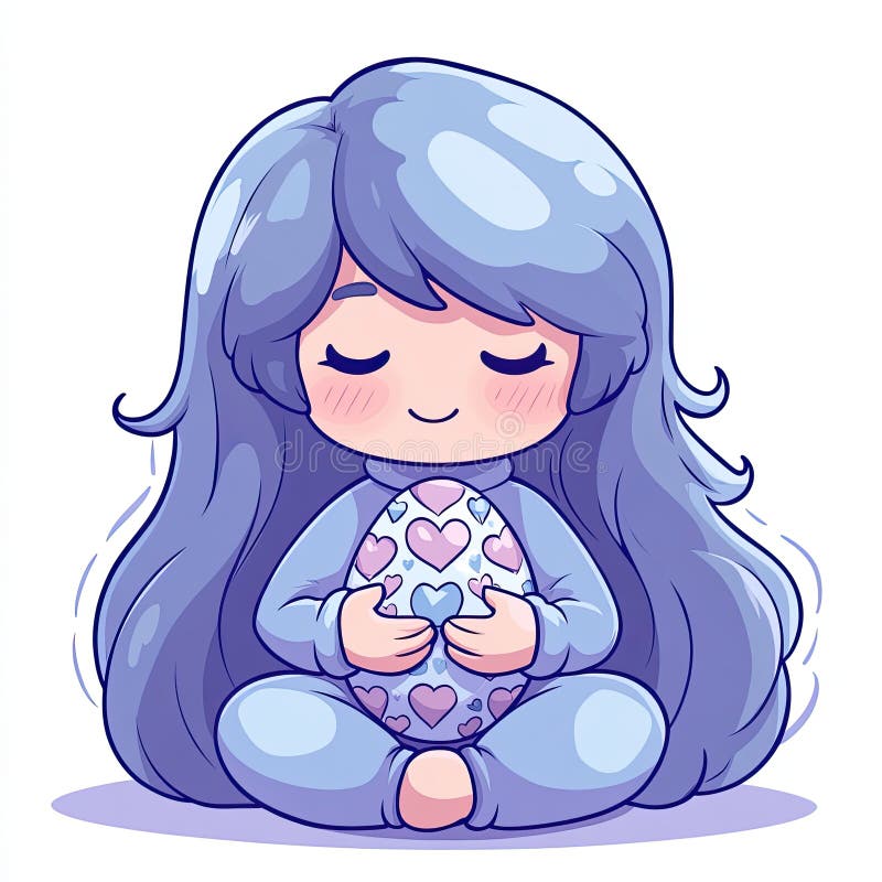 Cute Chibi Character with Blue Hair Holding Decorated Egg, Expressing ...