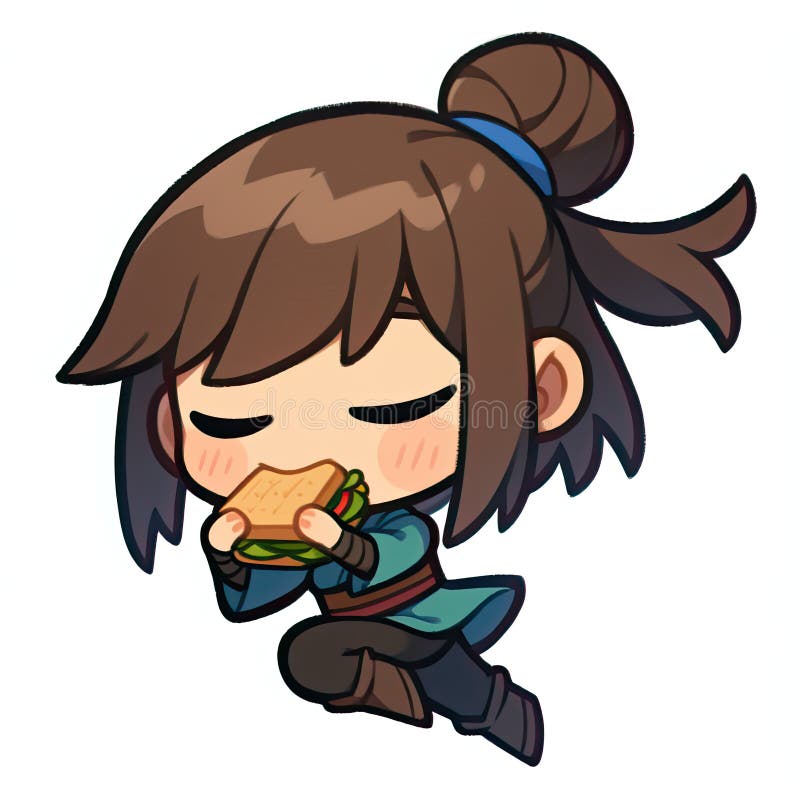 Cute Chibi Character Enjoying Tiny Sandwich while Running Happily Stock ...