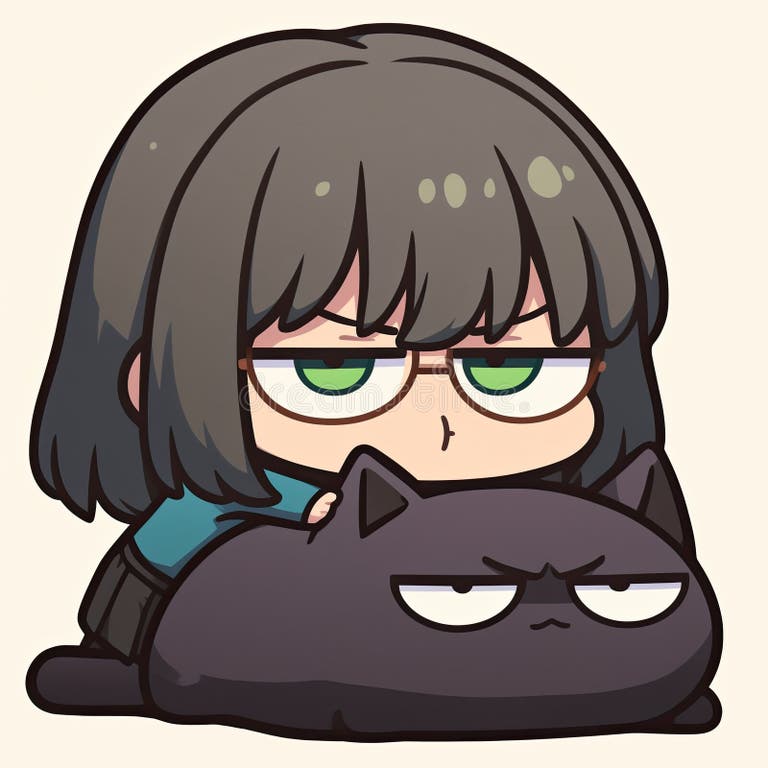 Cute Chibi Character with Glasses and Grumpy Cat Stock Illustration ...