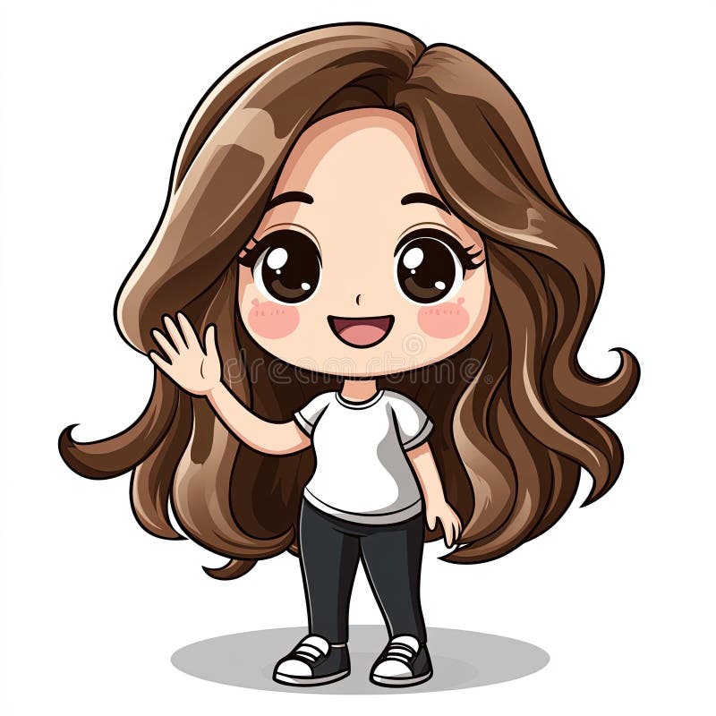 Cute Chibi Character with Long Brown Hair Waving Hello, Friendly ...
