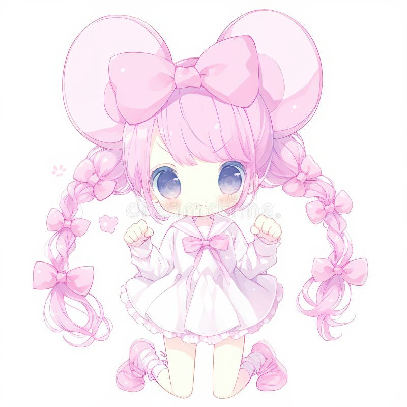 Cute Chibi Character with Pink Hair and Big Bow, Looking Surprised ...