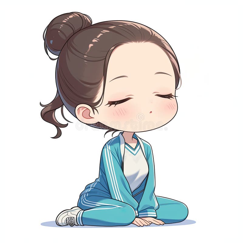 Cute Chibi Character Sitting Quietly in Blue Tracksuit, Expressing ...