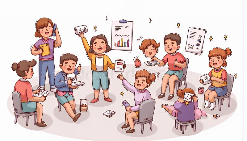 Cute Chibi Characters Brainstorming in Pastel-Colored Setting Stock ...