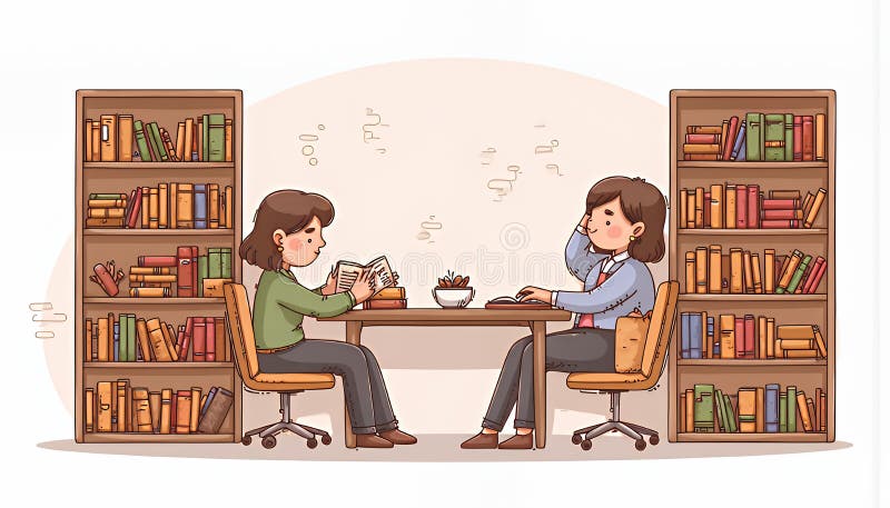 Cute Chibi Characters Working in Library Setting Stock Illustration ...
