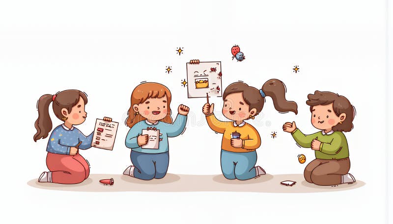 Cute Chibi Children Collaborating on a Design Project Stock ...