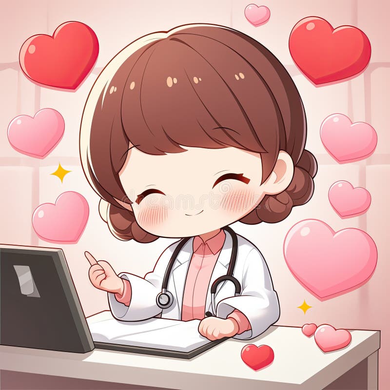 Cute Chibi Doctor Smiling while Working on Laptop Surrounded by Hearts ...