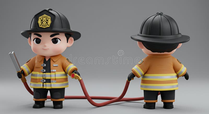 Cute Chibi Firefighter 3D Render Illustration: Front and Back View in ...