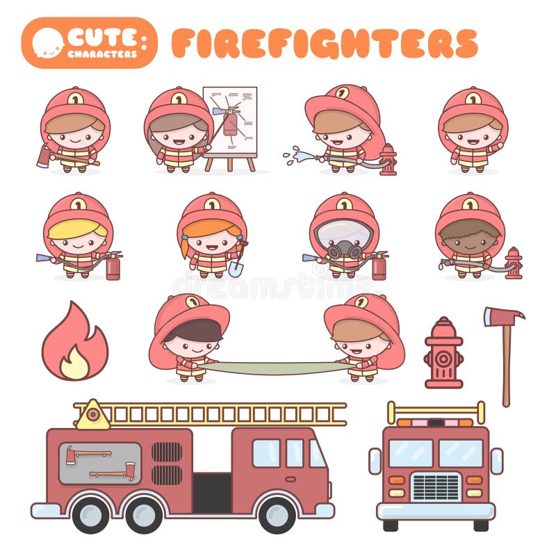 Cute Chibi Kawaii Characters Profession Set: Firefighters Stock Vector ...