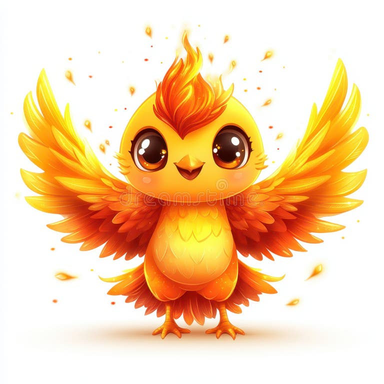 Cute Chibi Phoenix with Fiery Wings and Joyful Expression Stock ...