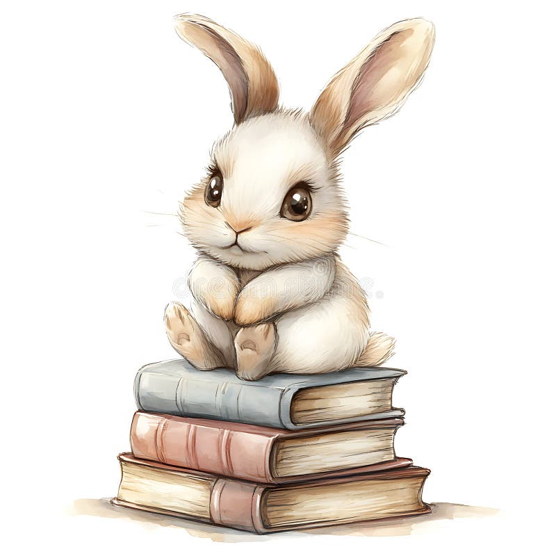 Cute Chibi Rabbit Balancing on Stack of Books Stock Illustration ...