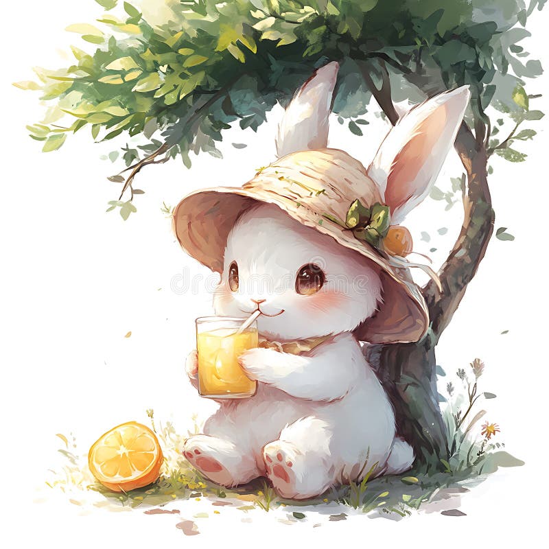 Cute Chibi Rabbit Enjoying Lemonade Under a Tree Stock Illustration ...