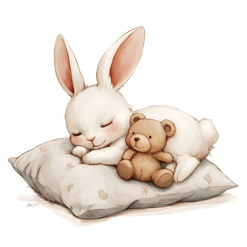 Cute Chibi Rabbit Napping on Fluffy Pillow Stock Illustration ...