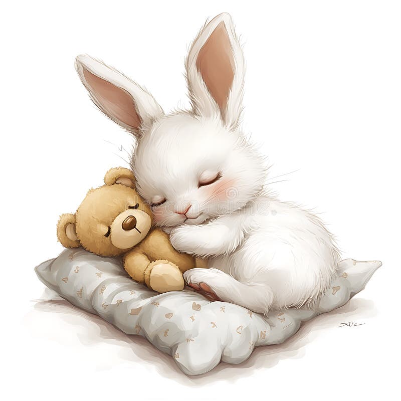 Cute Chibi Rabbit Napping on a Fluffy Pillow Stock Illustration ...
