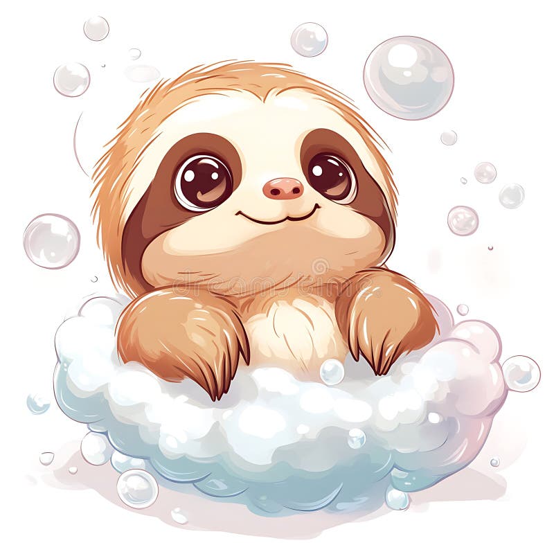 Chibi Sloth Enjoying a Bubble Bath with Floaties Stock Illustration ...