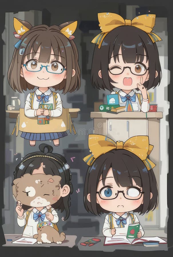 Cute Chibi Students in School Uniform with Yellow Bows in Class Stock ...