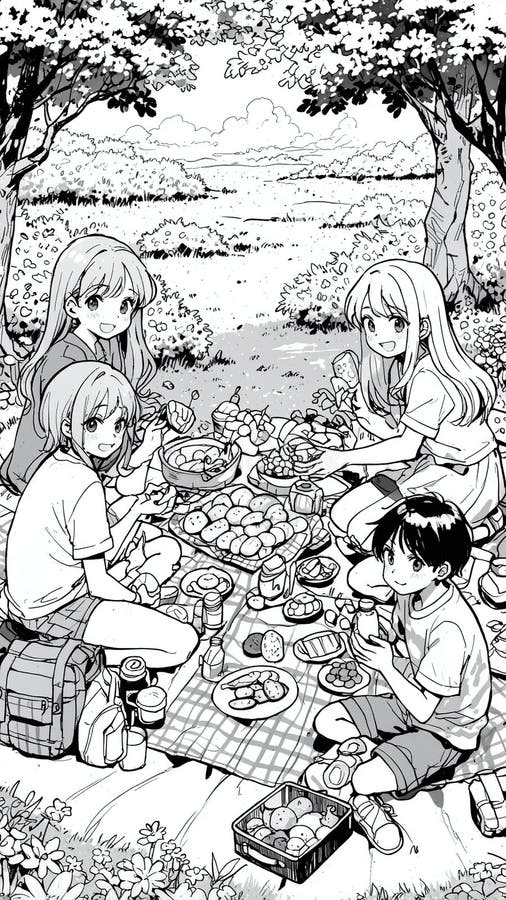 Cute Chibi-style Anime Characters on a Picnic Blanket Surrounded by ...