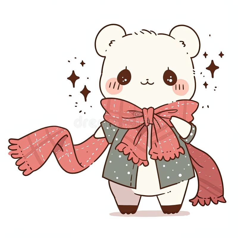 Cute Chibi Style Bear Wearing Scarf with Sparkles Around it Stock ...