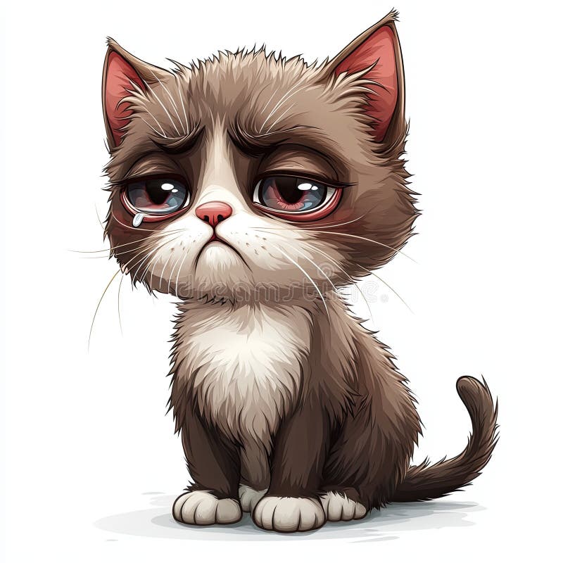 Cute Chibi Style Cat with Pouting Expression and Single Tear Stock ...