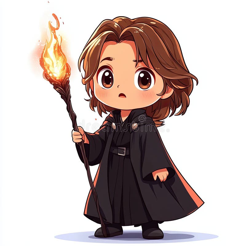 Cute Chibi Wizard Nervously Holding Flaming Torch in Dark Cloak Stock ...