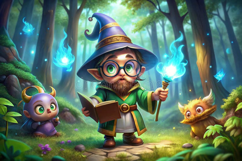 Cute Chibi Wizard with Oversized Glasses Holding a Glowing Staff and ...